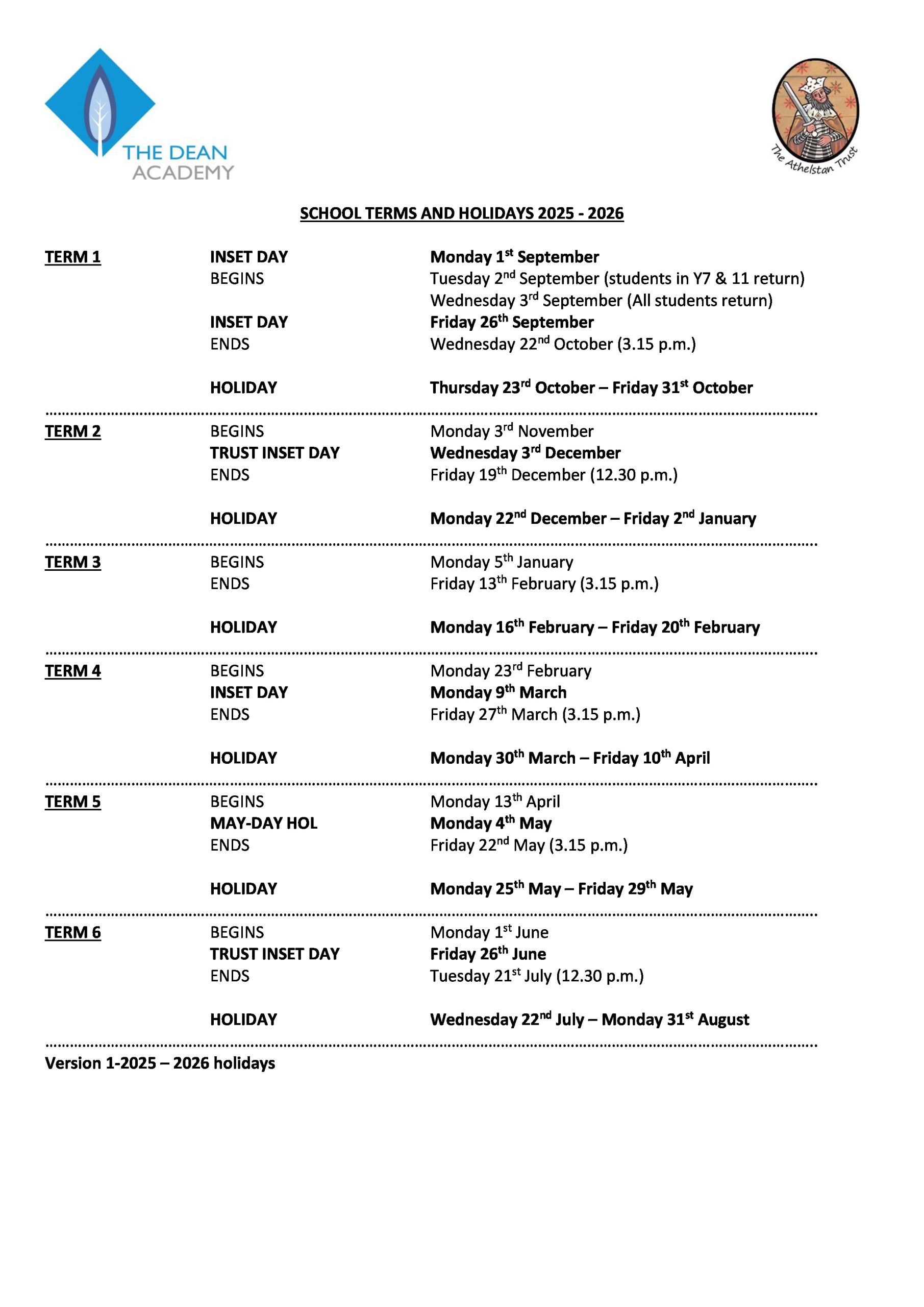 Term Dates – The Dean Academy
